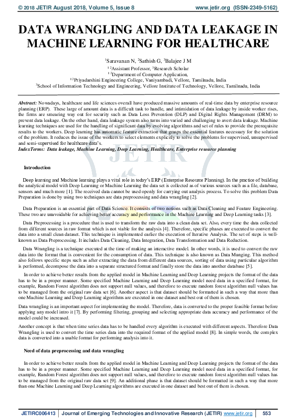 Pdf Data Wrangling And Data Leakage In Machine Learning For Healthcare