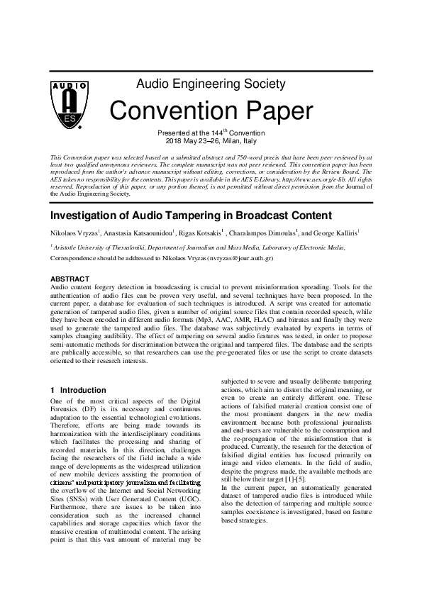 (PDF) Investigation of Audio Tampering in Broadcast Content