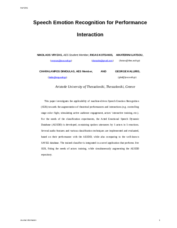 Pdf Speech Emotion Recognition For Performance Interaction Rigas