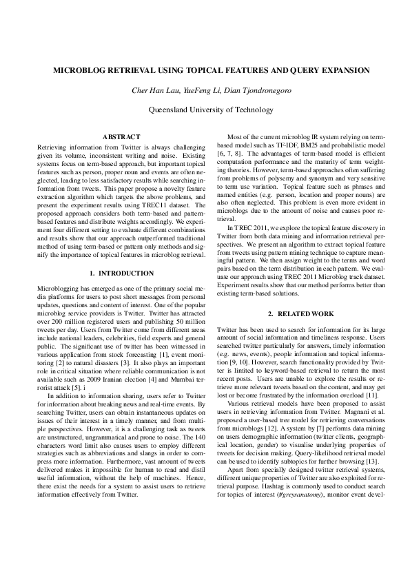 (PDF) Microblog Retrieval Using Topical Features and Query Expansion