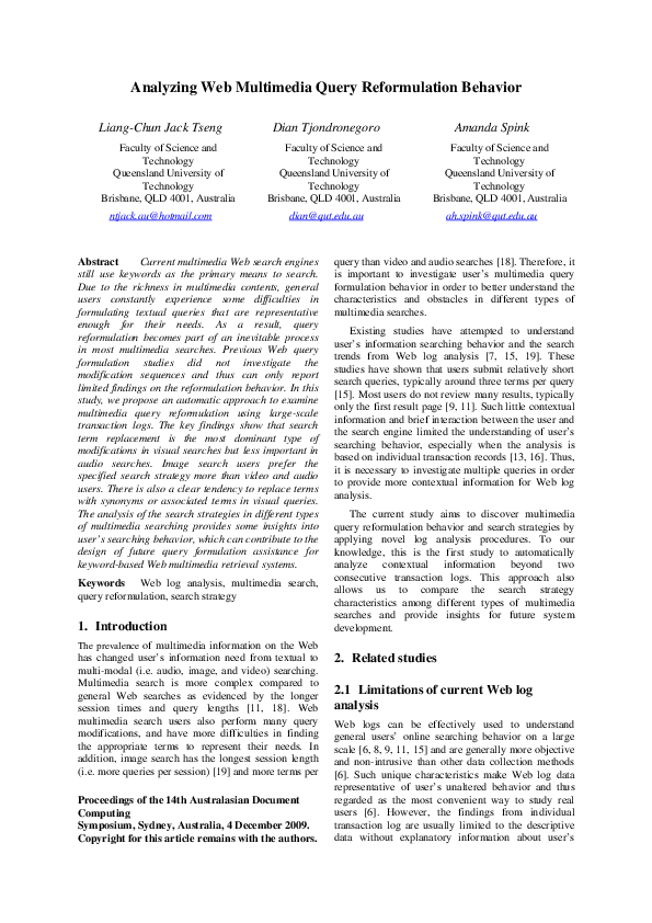 Pdf Analyzing Web Multimedia Query Reformulation Behavior Dian