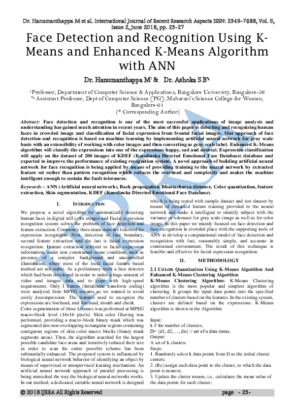 Pdf Face Detection And Recognition Using K Means And Enhanced K Means Algorithm With Ann