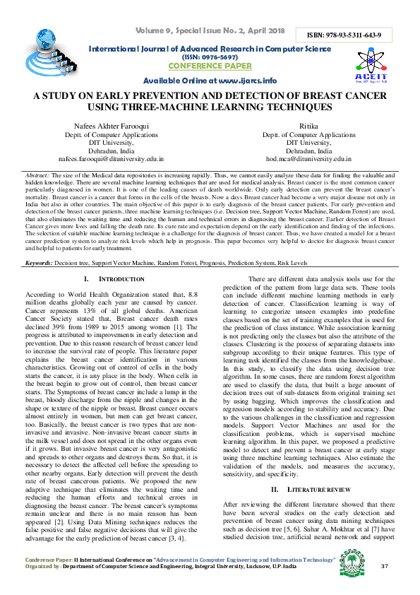 (PDF) A STUDY ON EARLY PREVENTION AND DETECTION OF BREAST CANCER USING ...