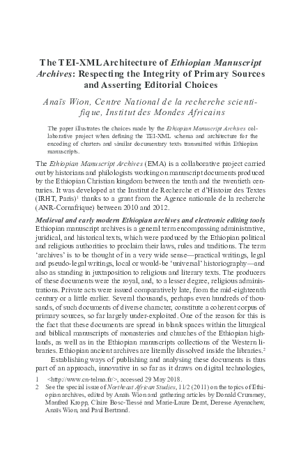 (PDF) The TEI-XML Architecture of Ethiopian Manuscript Archives: Respecting the Integrity of ...