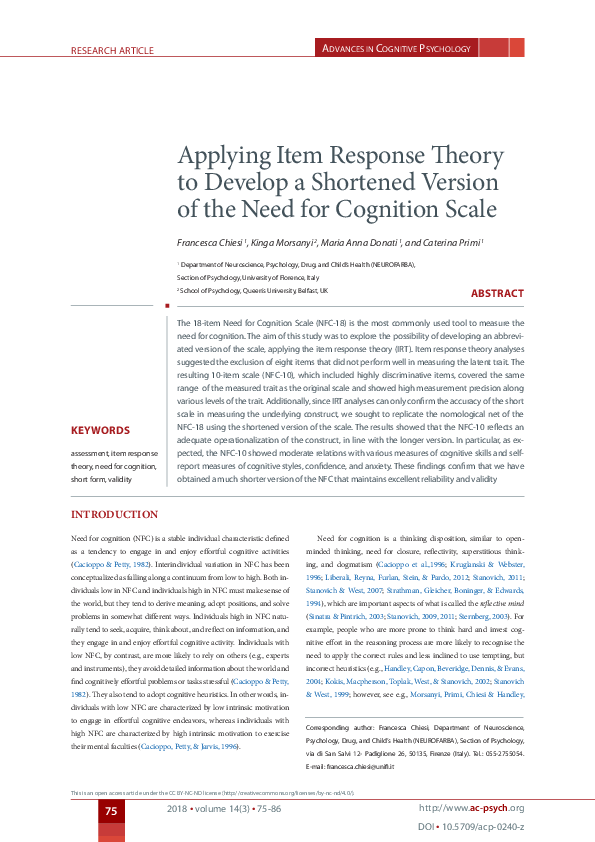(PDF) AdvAnces in cognitive Psychology Applying Item Response Theory to ...