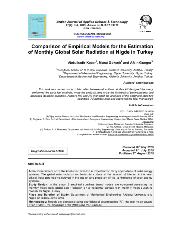 Pdf Comparison Of Empirical Models For The Estimation Of Monthly Global Solar Radiation At