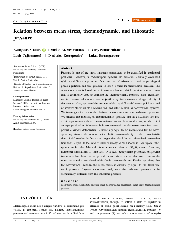 (PDF) Relation between mean stress, thermodynamic, and lithostatic pressure