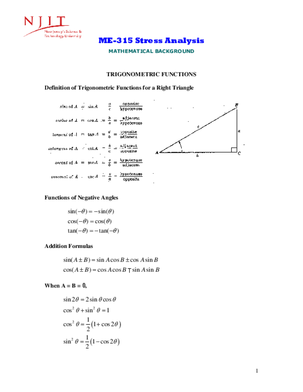 (PDF) ME-315 Stress Analysis TRIGONOMETRIC FUNCTIONS Definition of ...