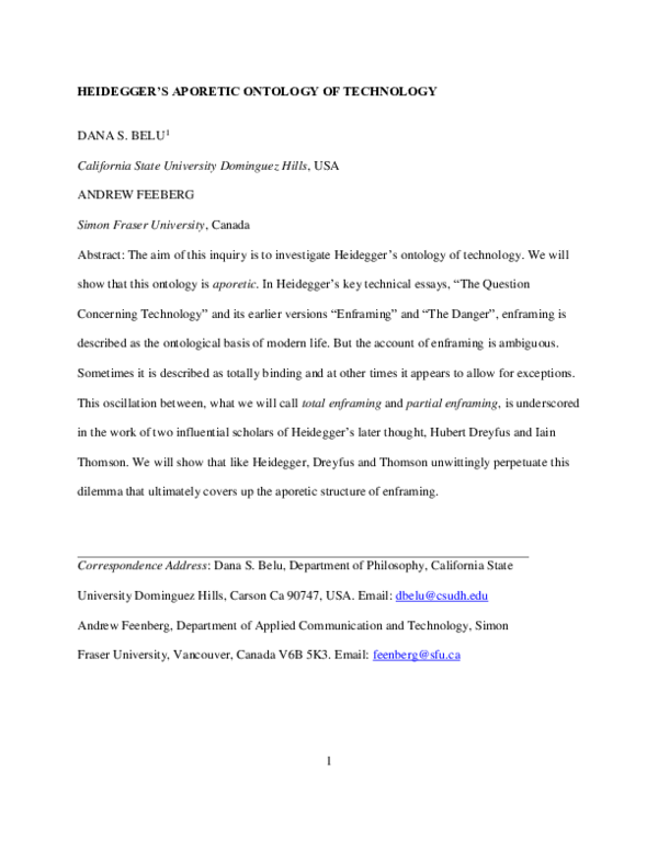 (PDF) Heidegger's Aporetic Ontology of Technology