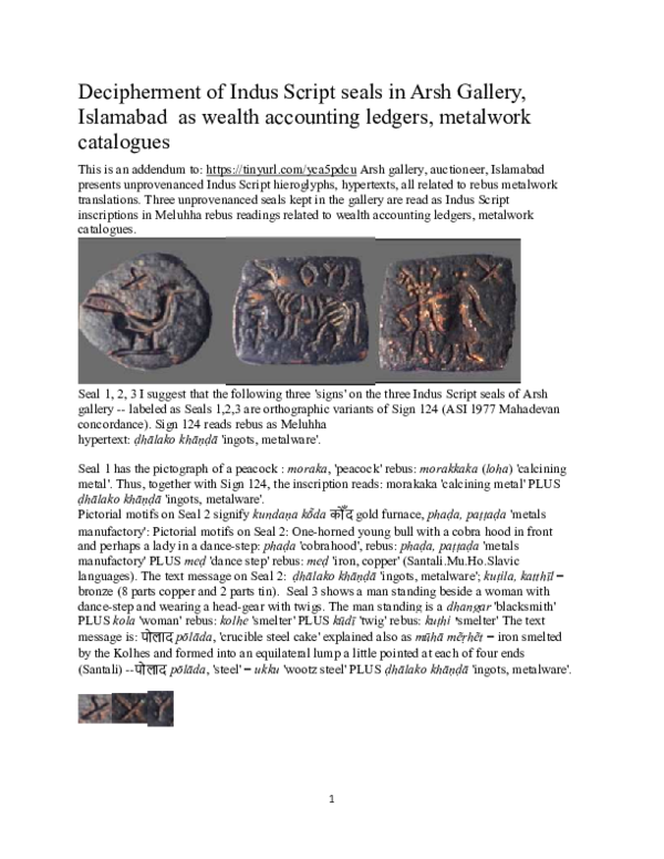 (PDF) Decipherment of Indus Script seals in Arsh Gallery Islamabad as ...