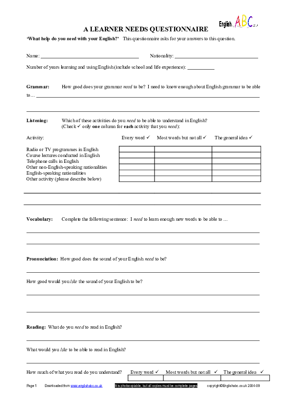 (PDF) A LEARNER NEEDS QUESTIONNAIRE