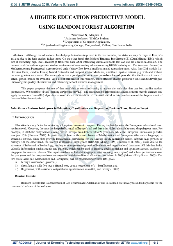 (PDF) A HIGHER EDUCATION PREDICTIVE MODEL USING RANDOM FOREST ALGORITHM