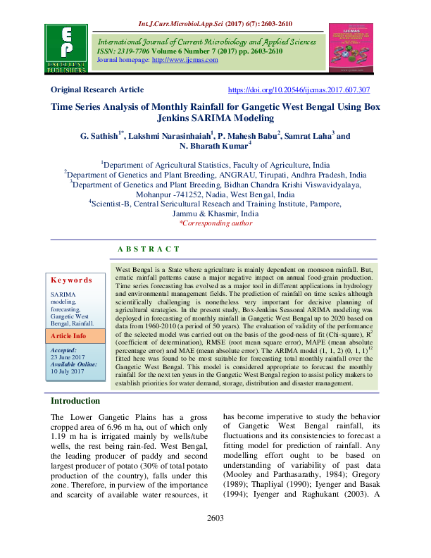 (PDF) Time Series Analysis of Monthly Rainfall for Gangetic West Bengal Using Box Jenkins SARIMA ...