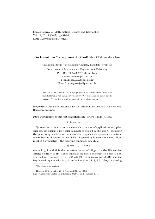 Pdf On Lorentzian Two Symmetric Manifolds Of Dimension Four