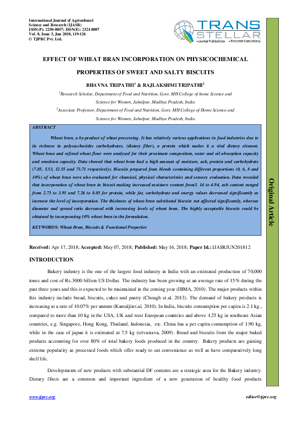 (PDF) EFFECT OF WHEAT BRAN INCORPORATION ON PHYSICOCHEMICAL PROPERTIES OF SWEET AND SALTY BISCUITS