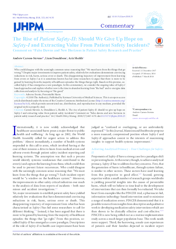 (PDF) The Rise of Patient Safety-II: Should We Give Up Hope on Safety-I ...