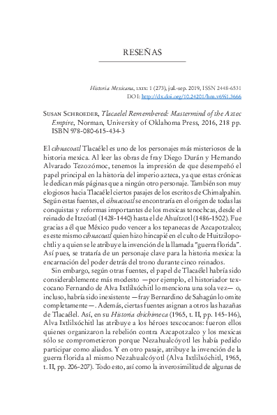 (PDF) Review of Susan Schroeder, "Tlacaelel Remembered: Mastermind of ...