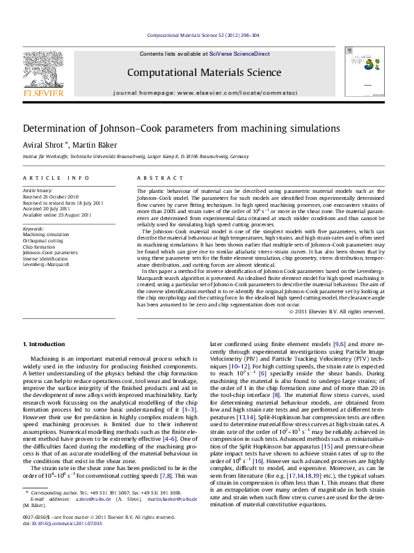 (PDF) Determination of Johnson–Cook parameters from machining simulations