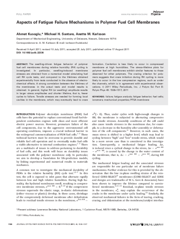 (PDF) Aspects of fatigue failure mechanisms in polymer fuel cell membranes