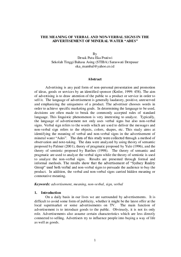 (DOC) THE MEANING OF VERBAL AND NON-VERBAL SIGNS IN THE ADVERTISEMENT OF MINERAL WATER " ADES