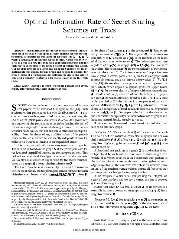 (PDF) Optimal Information Rate of Secret Sharing Schemes on Trees
