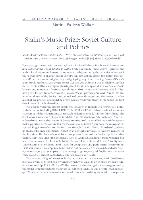 (PDF) Book Review: Marina Frolova-Walker, Stalin’s Music Prize - Soviet ...