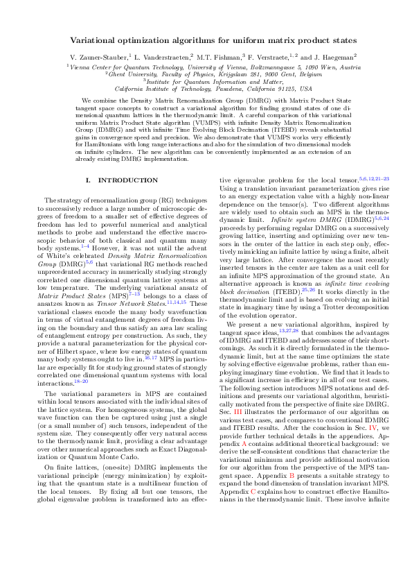 Pdf Variational Optimization Algorithms For Uniform Matrix Product States Valentin Stauber