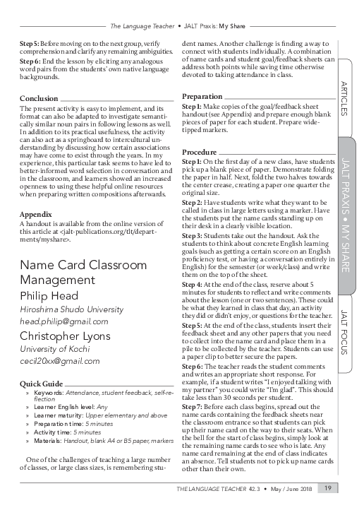 (PDF) Name card classroom management