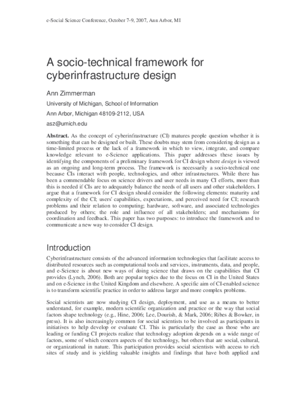(PDF) A socio-technical framework for cyber-infrastructure design