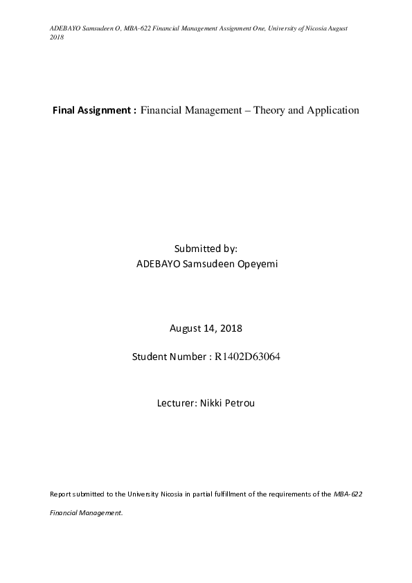 (DOC) Final Assignment : Financial Management – Theory and Application