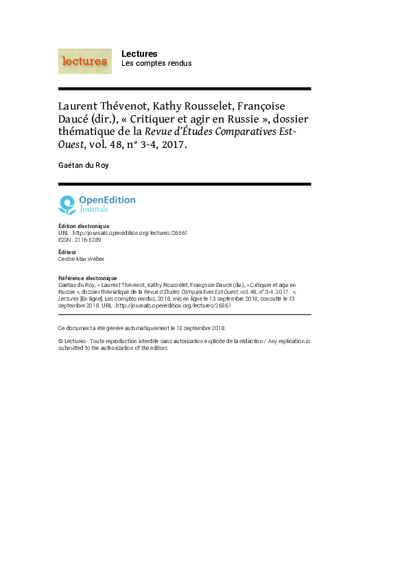 (PDF) Laurent Thévenot, Kathy Rousselet, Françoise Daucé (dir ...