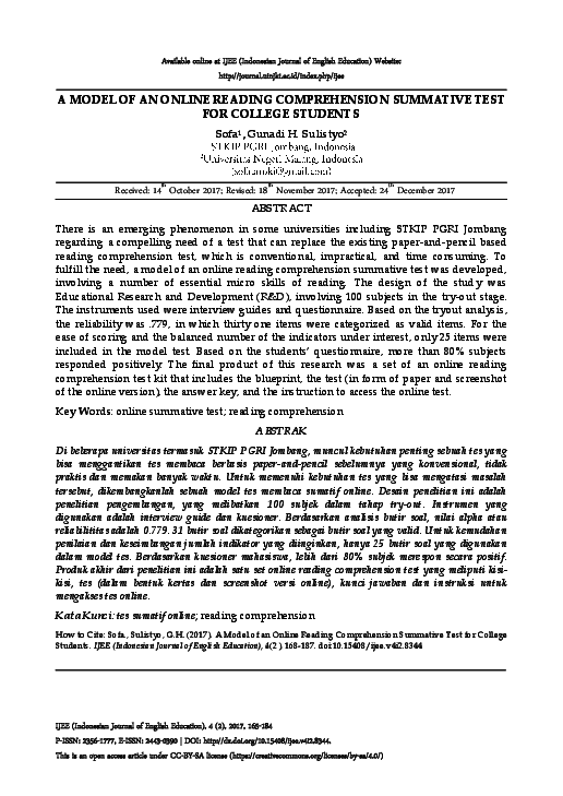 (PDF) A MODEL OF AN ONLINE READING COMPREHENSION SUMMATIVE TEST FOR ...