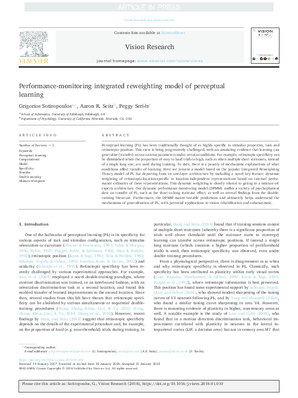 (PDF) Performance-monitoring integrated reweighting model of perceptual learning | Greg ...