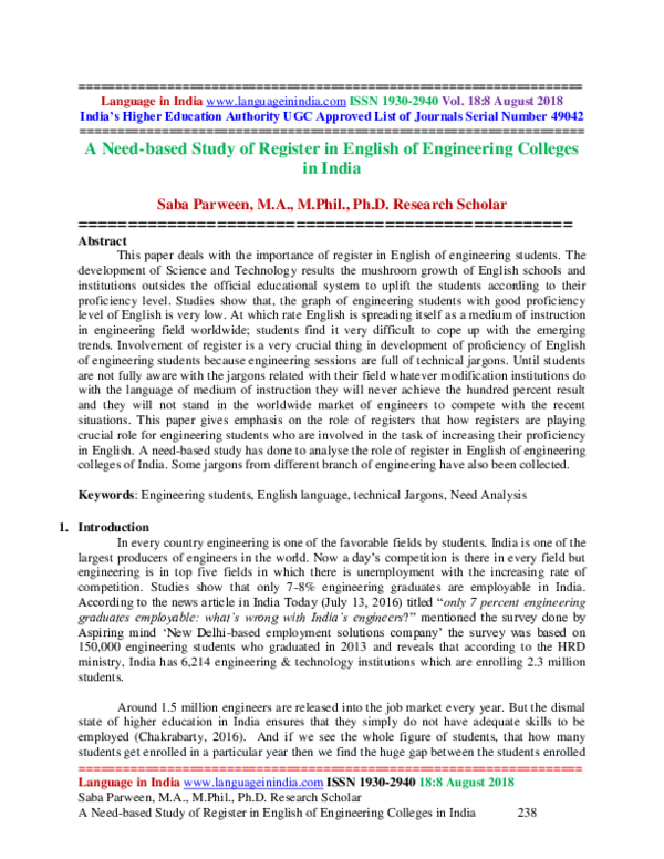 (PDF) A Need-based Study of Register in English of Engineering Colleges ...