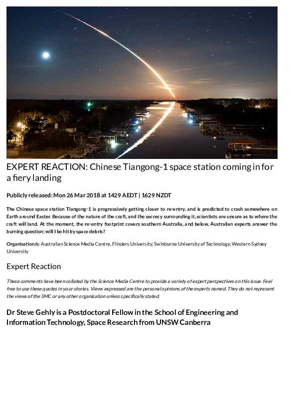 (PDF) EXPERT REACTION: Chinese Tiangong-1 space station coming in for a fiery landing