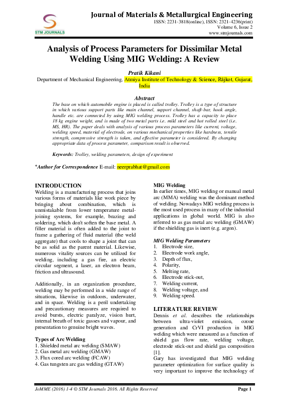 (PDF) Analysis of Process Parameters for Dissimilar Metal Welding Using MIG Welding: A Review