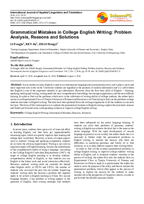 (PDF) Grammatical Mistakes in College English Writing: Problem Analysis ...