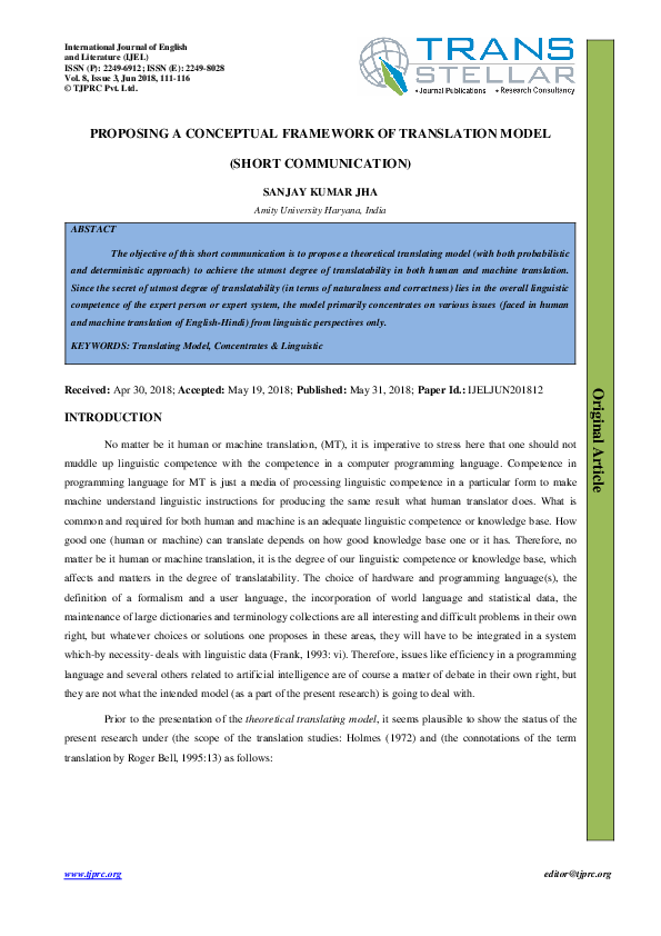 (PDF) PROPOSING A CONCEPTUAL FRAMEWORK OF TRANSLATION MODEL (SHORT ...
