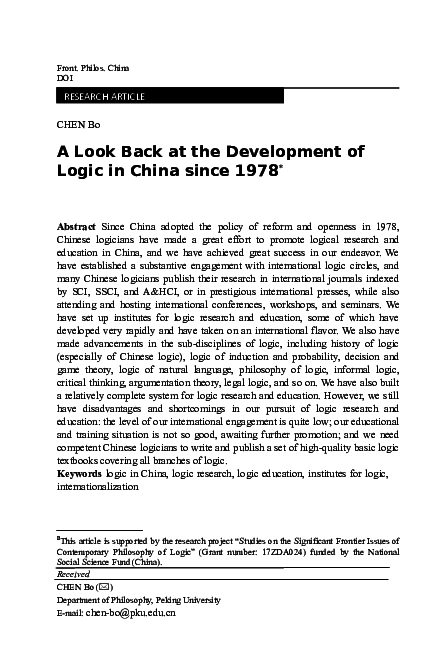 (DOC) A Look Back at the Development of Logic in China since 1978