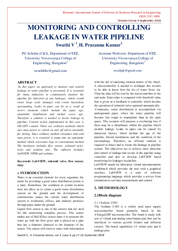(PDF) MONITORING AND CONTROLLING LEAKAGE IN WATER PIPELINE (PDF) MONITORING AND CONTROLLING LEAKAGE IN WATER PIPELINE