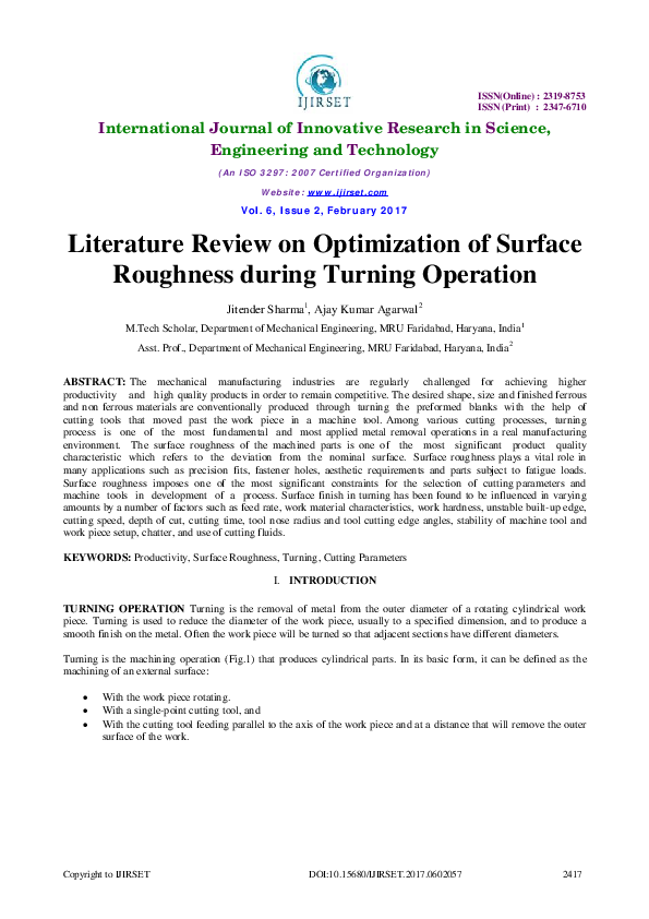 Pdf Literature Review On Optimization Of Surface Roughness During Turning Operation