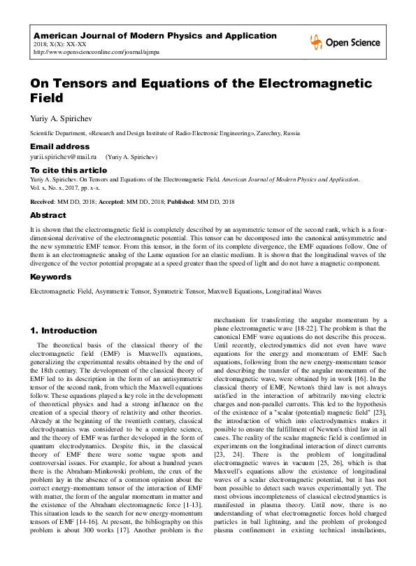 (PDF) On Tensors and Equations of the Electromagnetic Field