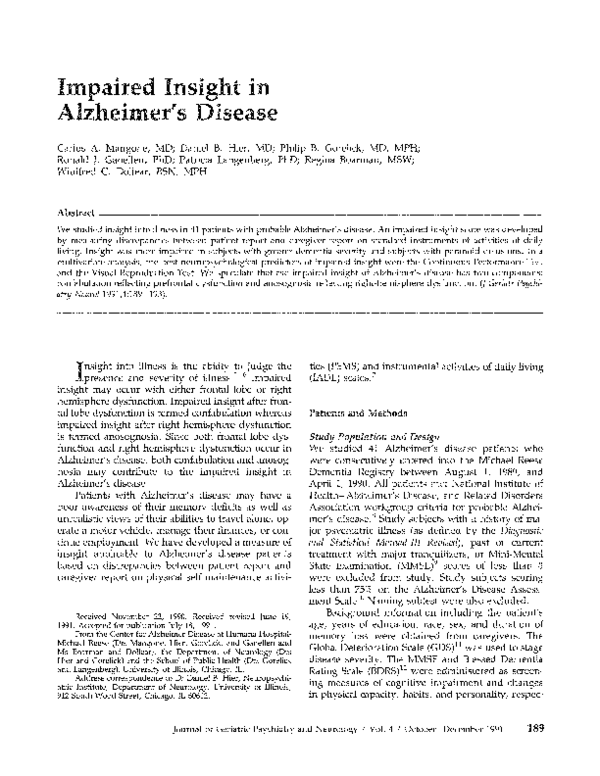 (PDF) Impaired Insight in Alzheimer's Disease