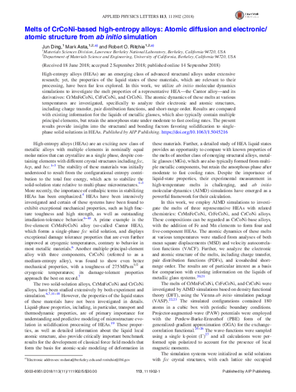 (PDF) Melts of CrCoNi-based high-entropy alloys: Atomic diffusion and electronic/ atomic ...