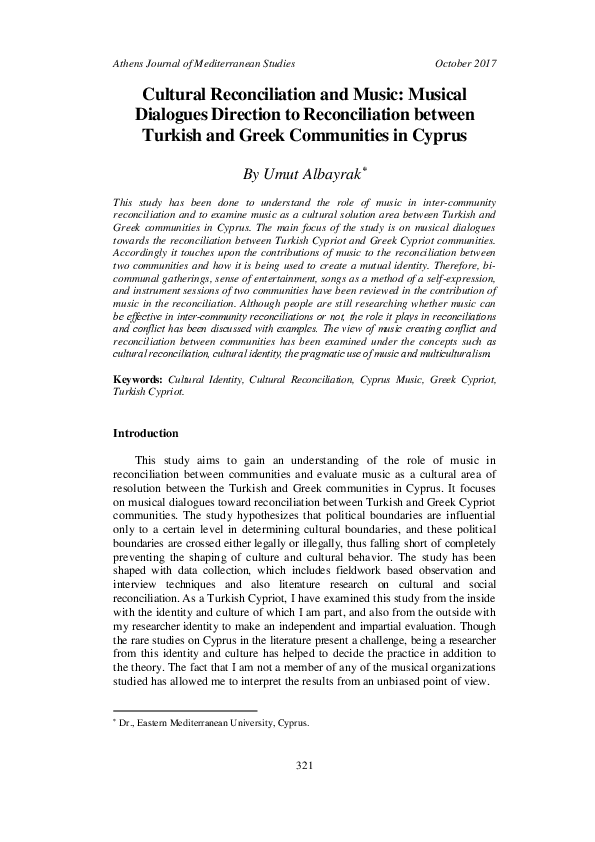 (PDF) Cultural Reconciliation and Music: Musical Dialogues Direction to ...