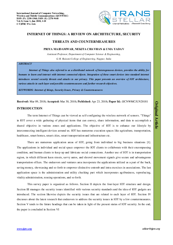 Pdf Internet Of Things A Review On Architecture Security Threats And Countermeasures