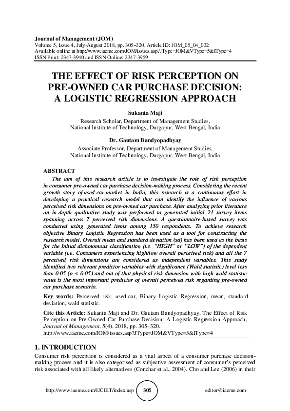 (PDF) THE EFFECT OF RISK PERCEPTION ON PRE-OWNED CAR PURCHASE DECISION ...