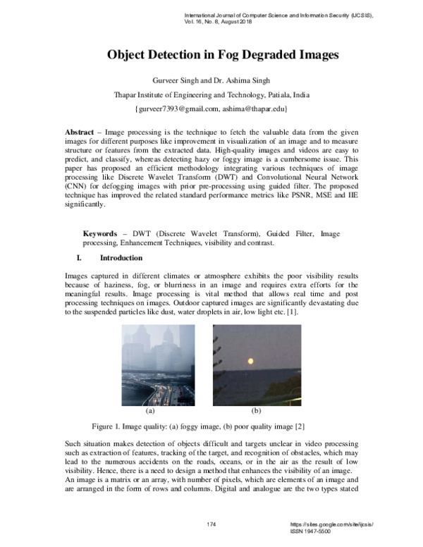 Pdf Object Detection In Fog Degraded Images