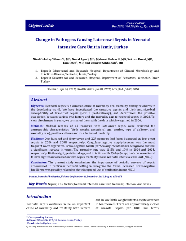 (PDF) Change in Pathogens Causing Late-onset Sepsis in Neonatal ...