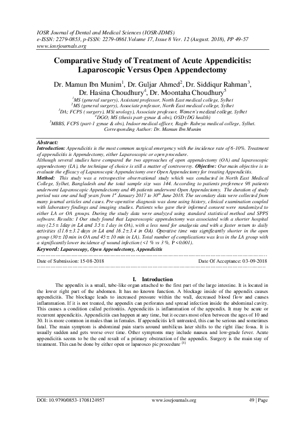 (PDF) Comparative Study of Treatment of Acute Appendicitis: Laparoscopic Versus Open Appendectomy